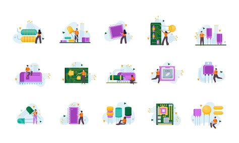 Free Vector Flat Microchip Isolated Icons Set With Hardware Elements And Tiny People Vector