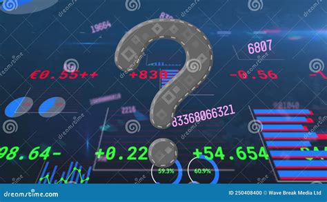 digital animation of question mark symbol over statistical data processing against blue