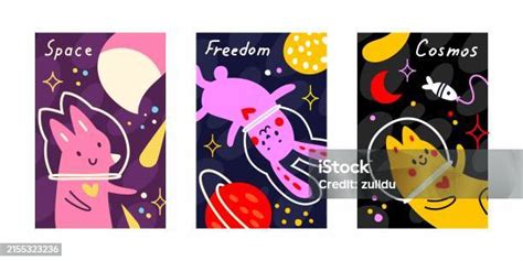 귀여운 우주 비행사가 있는 우주 엽서 템플릿입니다 작은 여우 새끼 고양이 토끼와 벡터 일러스트 레이 션 귀여운에 대한 스톡 벡터 아트 및 기타 이미지 Istock