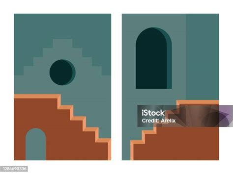 추상적인 계단 포스터 중반 세기 보헤미안 건축 미술 인쇄 벽 장식 소셜 미디어 이야기 현대 스타일 벡터 일러스트레이션 0명에