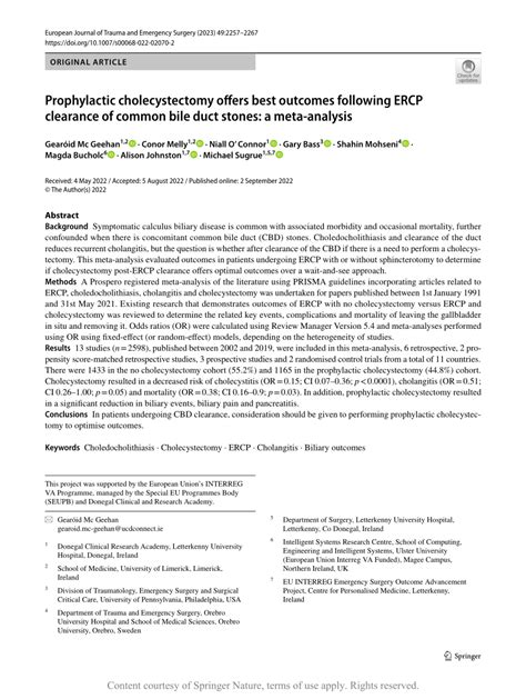 Pdf Prophylactic Cholecystectomy Offers Best Outcomes Following Ercp Clearance Of Common Bile