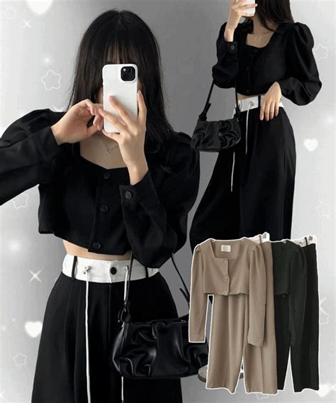 옐로우바빌 투피스set개별구매가능 슬렌더 퍼프 크롭 블라우스 크롬 스트링 배색 슬랙스 2pc 코디세트2col