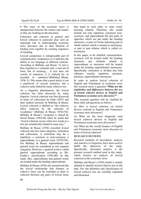 An Analysis Of Lexical Cohesion Of English And Vietnamese Economic News