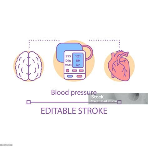 혈압 측정 개념 아이콘입니다 뇌 심장 기능 모니터링 아이디어 얇은 라인 그림 수축기 및 확장기 압력 속도 벡터 절연 윤곽선 도면 편집 가능한 스트로크 개념에 대한 스톡 벡터