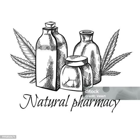 자연 약국 바이알 병 및 마리화나 잎의 스케치 그림 의료 및 의학 대마초 약국 해칭을 통해 벡터 오브젝트 조각하기 약국에 대한 스톡 벡터 아트 및 기타 이미지 Istock