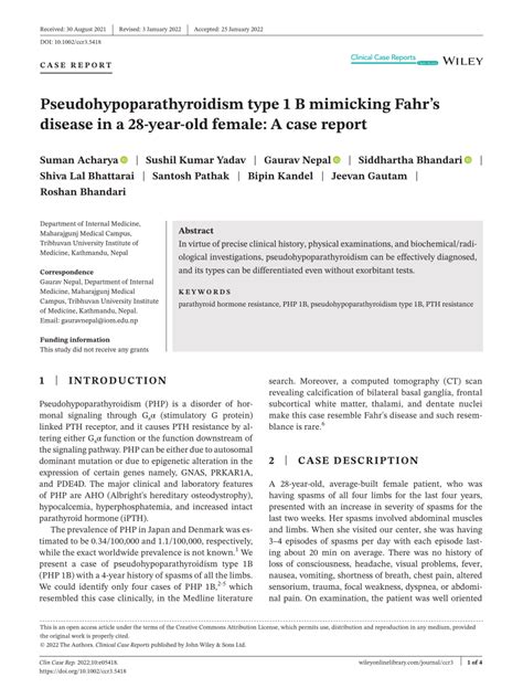 Pdf Pseudohypoparathyroidism Type 1 B Mimicking Fahrs Disease In A 28‐year‐old Female A Case
