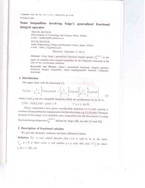 Pdf Some Inequalities Involving Saigos Generalised Fractional Integral Operator