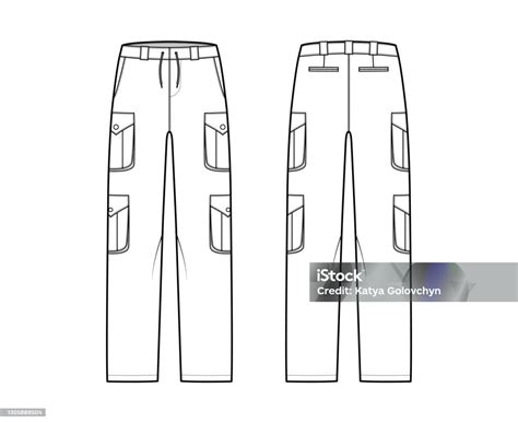 낮은 허리 상승 포켓 벨트 루프 전체 길이와 카고 바지 기술 패션 일러스트의 세트 플랫 하부 0명에 대한 스톡 벡터 아트 및 기타 이미지 Istock