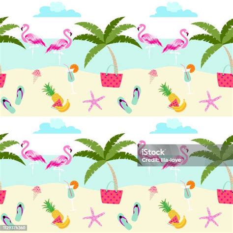 패턴 디자인 귀여운 플라밍고 해변 바다 과일 아이스크림 휴가 기호 여름 파스텔 컬러 여름 패턴입니다 야자 나무 Arecales에 대한 스톡 벡터 아트 및 기타 이미지