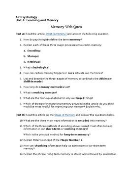AP Psychology Memory Webquest By TheVirtual Teacher TPT