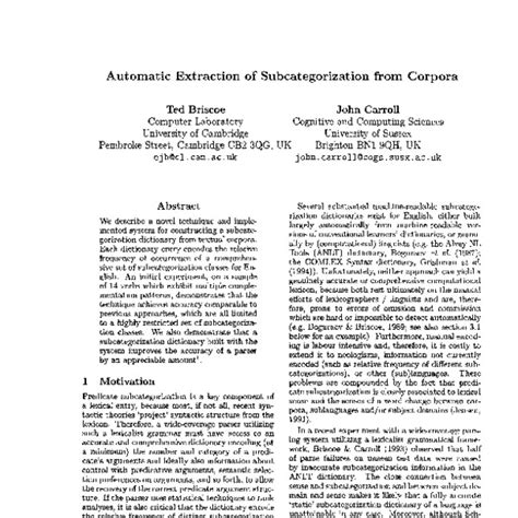 Automatic Extraction Of Subcategorization From Corpora Acl Anthology