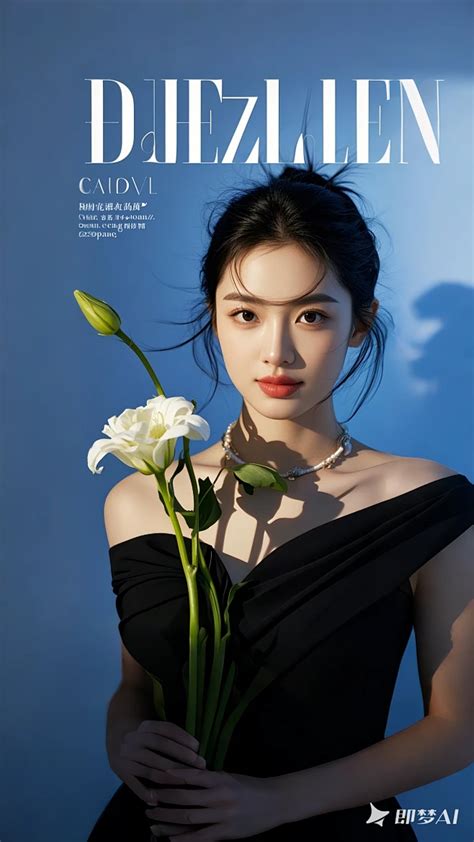 女神节，底色为蓝色，一小姐姐特点凝视，五官棱角分明，花，高清高冷，微笑，大面积留白，瑞丽杂志风，极富艺术感，氛围感拉满，时尚摄影，新时尚，highfashion，伦勃朗光 花瓣网