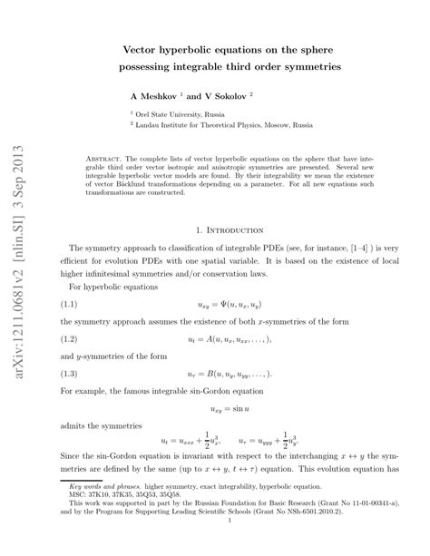 Pdf Vector Hyperbolic Equations On The Sphere Possessing Integrable Third Order Symmetries