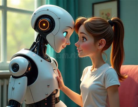 Girl And Robot Friend Ai Companion Futuristic Friendship Digital Art Stock Illustration