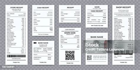 현실적인 상점 레스토랑 또는 은행 종이 현금 영수증 슈퍼마켓 쇼핑 확인 Pos 기계 인쇄 된 상점 지불 청구서 모형 벡터 세트 지폐에 대한 스톡 벡터 아트 및 기타 이미지