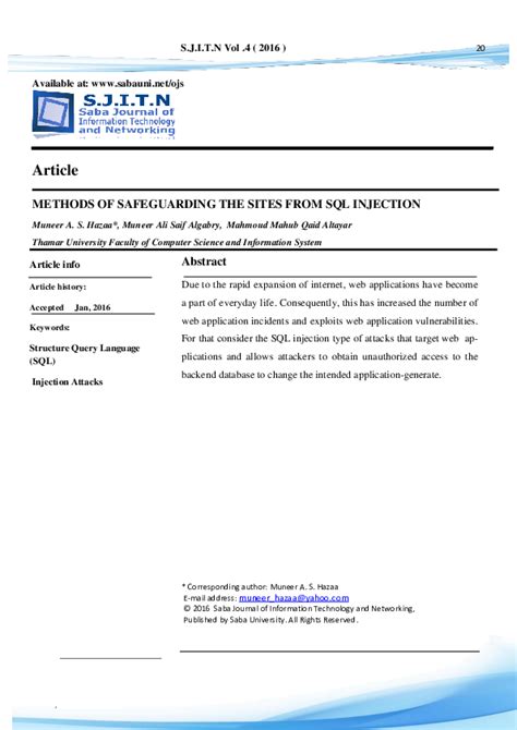 Pdf Vol 4 No 1 Methods Of Safeguarding The Sites From Sql Injection