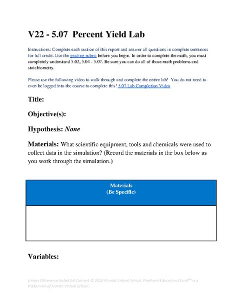 5 07 Percent Yield Lab Report Unless Otherwise Noted All Content 2022 Florida Virtual Babe