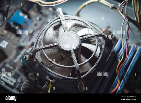 Dust On Computer Pc Processor Cooler With Mainboard And Computer Case