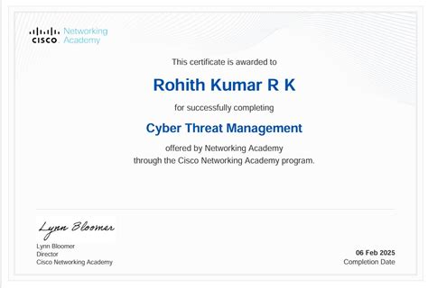 Cybersecurity Cisconetworkingacademy Cyberthreatmanagement Rohith Kumar R K