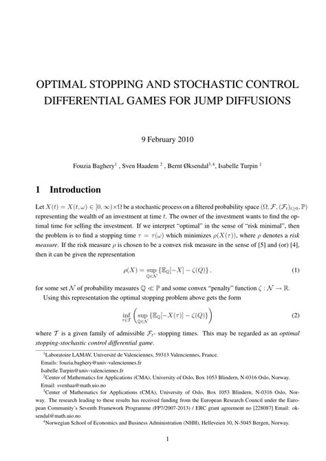 Pdf Optimal Stopping And Stochastic Control Differential Games For Jump Diffusions