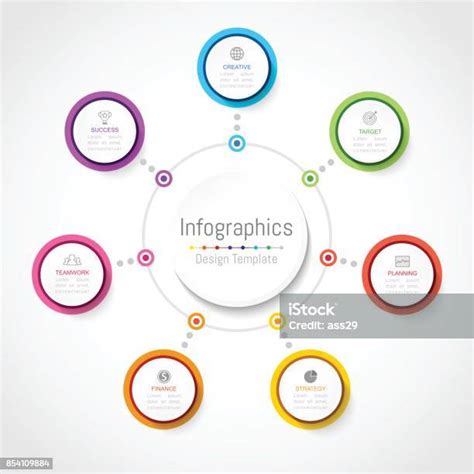 Infographic 디자인 요소 7 옵션 부품 단계 일정 또는 프로세스 비즈니스 데이터에 대 한 개념 둥근 원형 벡터 일러스트입니다 6 7 살에 대한 스톡 벡터 아트 및