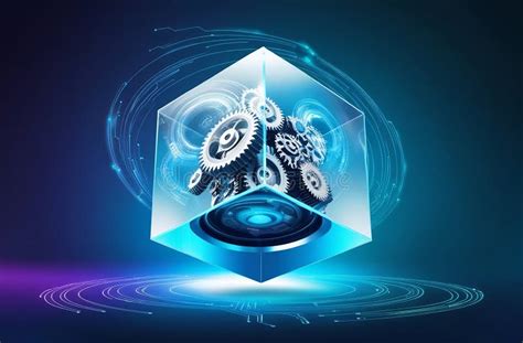 A Cube With Blue Glowing Walls And Rotating Digital Gears Surrounded By Swirling Holographic