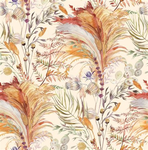 Seamless Pattern With Herbs And Pampas Grass And Dried Flowers Painted