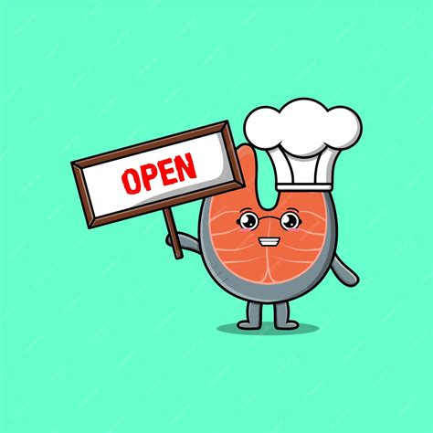 개념 평면 만화 스타일의 오픈 사인 보드 디자인을 들고 있는 귀여운 만화 신선한 연어 캐릭터 프리미엄 벡터