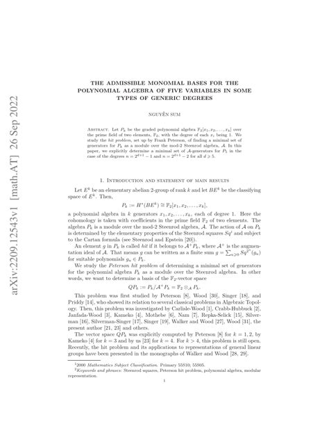 Pdf The Admissible Monomial Bases For The Polynomial Algebra Of Five Variables In Some Types