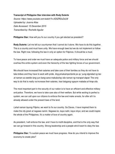 Transcript Of Philippine Star Interview With Rody Duterte Pdf Rodrigo Duterte Philippines
