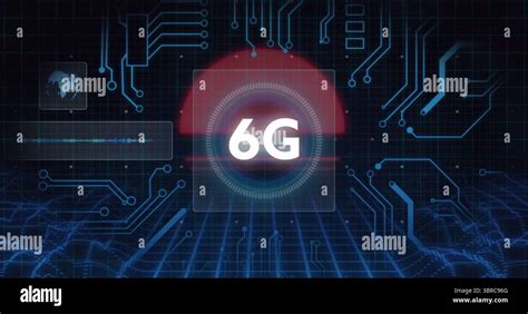 6g Emblem Shining In Gauge On Neon Blue Circuit Grid With Red Semicircle Map Icon Waveform