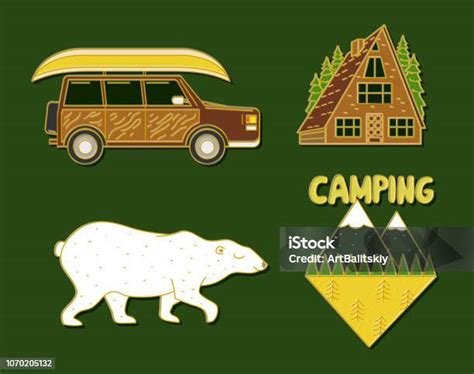 귀여운 캠핑 요소의 집합입니다 숲에서 장비입니다 스티커 낙서 핀 패치입니다 곰 차 산 나무 집입니다 기호를 여행 0명에 대한 스톡 벡터 아트 및 기타 이미지 Istock