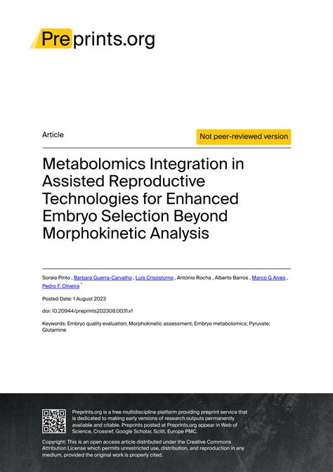 Pdf Metabolomics Integration In Assisted Reproductive Technologies For Enhanced Embryo