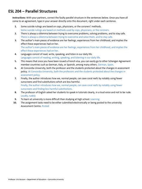 204 Parallel Structure Exercise Class 4 Pdf Cognition Human Communication