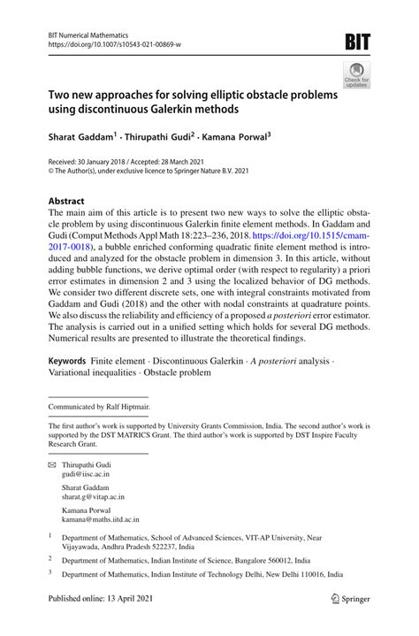 Pdf Two New Approaches For Solving Elliptic Obstacle Problems Using Discontinuous Galerkin Methods