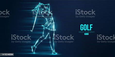 파란색 배경에 골프 선수의 추상적인 실루엣 골퍼 여자가 공을 친다 벡터 일러스트 레이 션 3차원 형태에 대한 스톡 벡터 아트 및 기타 이미지 Istock