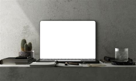 프리젠테이션 커피 컵 편지지 식물과 컴퓨터 테이블에 서 있는 고양이 전면 보기 작업 공간 3d 렌더링을 위한 모형 노트북 흰색 화면이 있는 공동 작업 사무실 인테리어