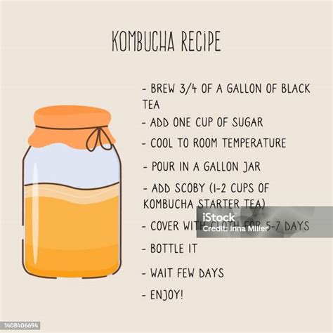 콤부차 발효 프로바이오틱 수제 음료 레시피 카드 차 버섯 양조 방법 건강한 차 곰팡이 음료 가이드와 재료 평면 스타일 손으로 그린 벡터 일러스트레이션 항아리에 대한 스톡