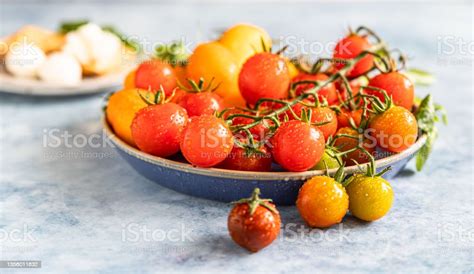 세라믹 플레이트 파란색 콘크리트 배경에 물 방울다채로운 토마토의 다양한 건강한 식사 또는 채식주의 개념 빨강에 대한 스톡 사진 및 기타 이미지 Istock