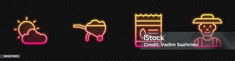 식물의 씨앗으로 가득 찬 세트 라인 팩 태양과 구름 날씨 흙이 있는 수레 모자를 쓴 농부 빛나는 네온 아이콘입니다 벡터 건설 산업에 대한 스톡 벡터 아트 및 기타 이미지