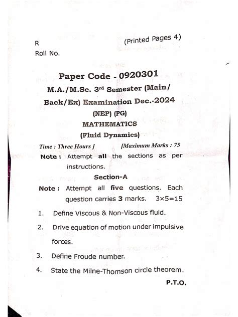 Fluid Dynamics Exam Paper 2024 Pdf Fluid Dynamics Dynamics