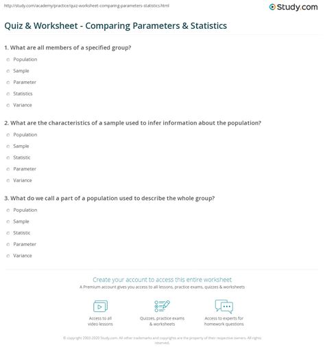 Quiz And Worksheet Comparing Parameters And Statistics