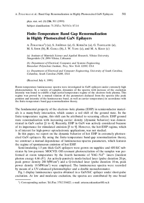 Pdf Finite Temperature Band Gap Renormalization In Highly Photoexcited Gan Epilayers