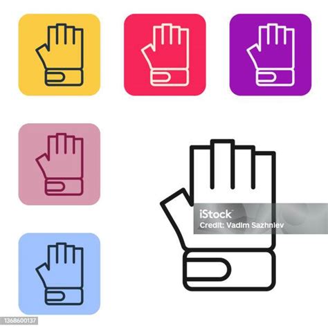 흰색 배경에 격리 된 검은 줄 Mma 장갑 아이콘 스포츠 액세서리 전투기 전사 장갑 색상 정사각형 단추로 아이콘을 설정합니다 벡터 가라테에 대한 스톡 벡터 아트 및 기타