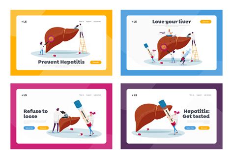 의학 진단 B형 간염 간경변 방문 페이지 템플릿 세트 거대한 환자 병들간 건강 관리 인식 치료의 작은 의사 문자 관리 만화 사람들 벡터 일러스트레이션 간 내부 기관에 대한