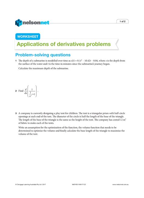Yr Adv App Of Derivative Problems Cengage Learning Australia Pty Ltd MATHS WK