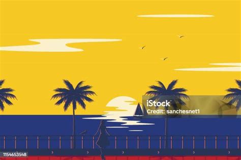야자수와 바다가 있는 일몰 여름 열 대 해변 자연 풍경과 바다 산책로에 있는 소녀 해변에 대한 스톡 벡터 아트 및 기타 이미지 해변 부두 일몰 Istock