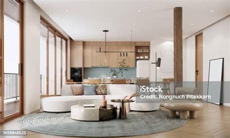거실에 흰색 소파가 있는 현대적인 거실 인테리어 디자인 및 장식 식탁과 나무 의자 주방 카운터 및 캐비닛 발코니가 있는 3d 렌더링 아파트룸 0명에 대한 스톡 사진 및 기타
