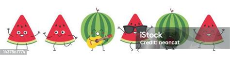 캐릭터 만화 세트 수박 신선한 육즙 슬라이스 인사말 점프 노래 사랑 실행 귀여운 웃는 얼굴 쾌활한 카와이 기쁨 행복 한 감정