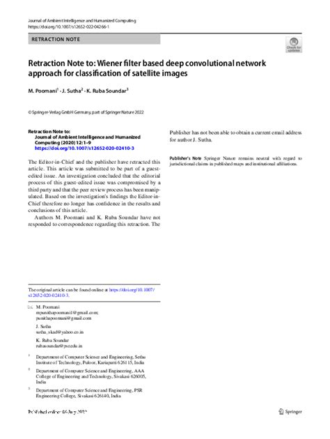 Pdf Retraction Note To Wiener Filter Based Deep Convolutional Network Approach For
